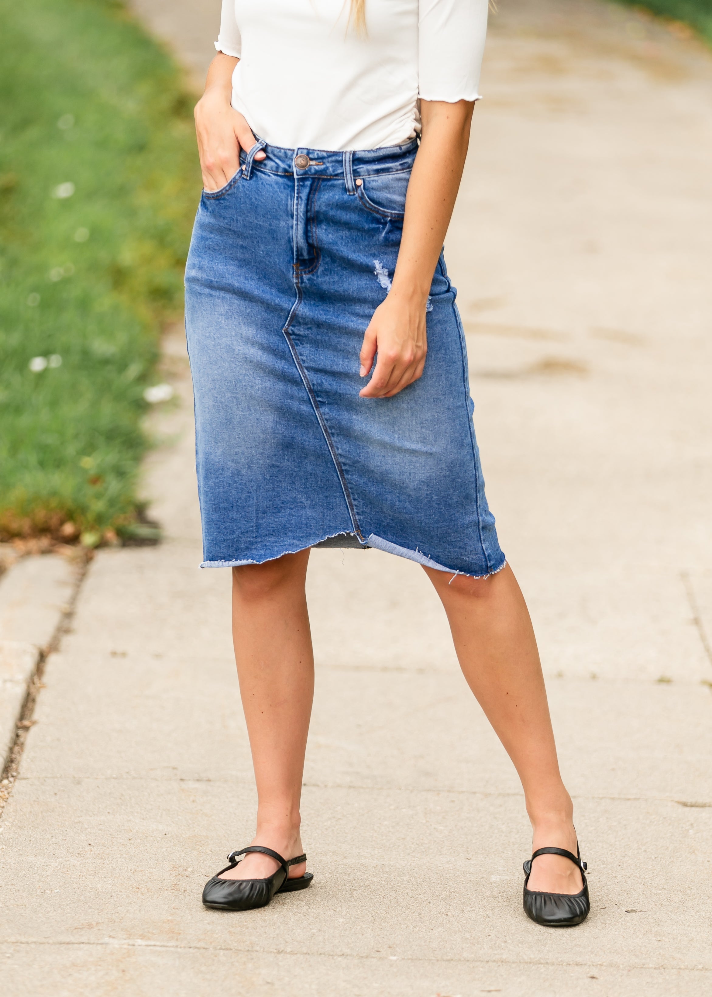 Tiana Distressed Denim Midi Skirt – Inherit Co.